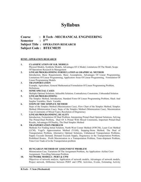 Syllabus Course B Tech MECHANICAL ENGINEERING Semester