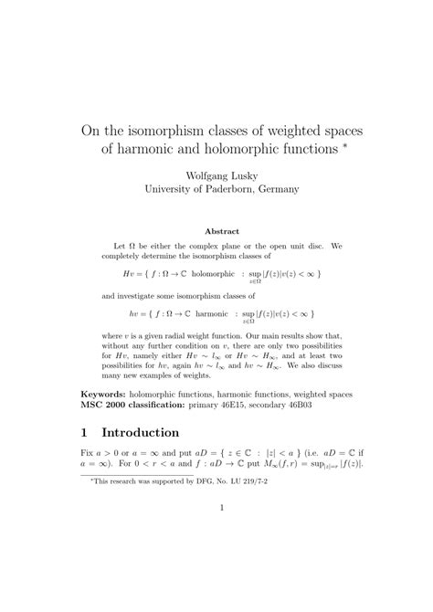 PDF On The Isomorphism Classes Of Weighted Spaces Of Harmonic And Holomophic Functions