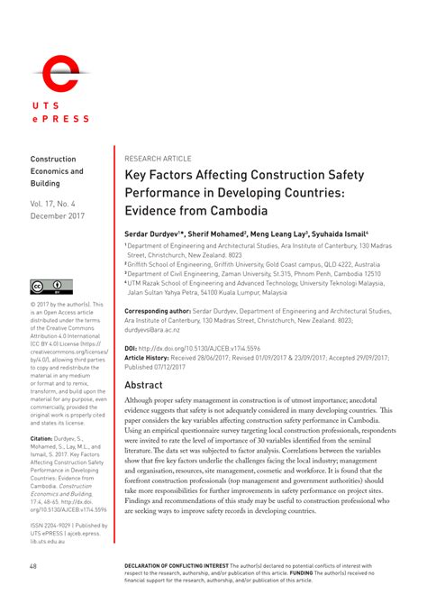 Pdf Key Factors Affecting Construction Safety Performance In Developing Countries Evidence