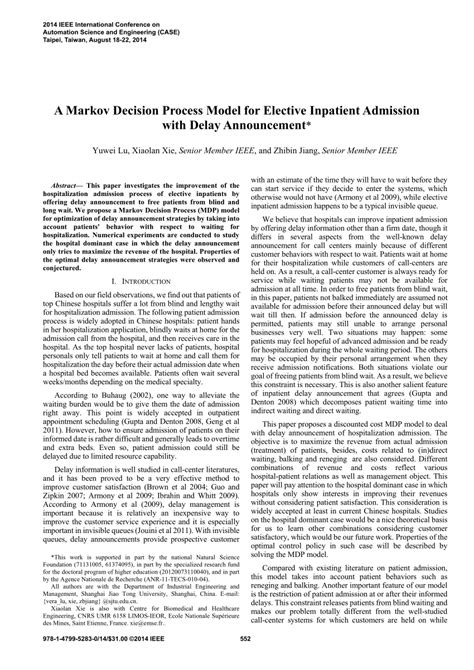 Pdf A Markov Decision Process Model For Elective Inpatient Admission