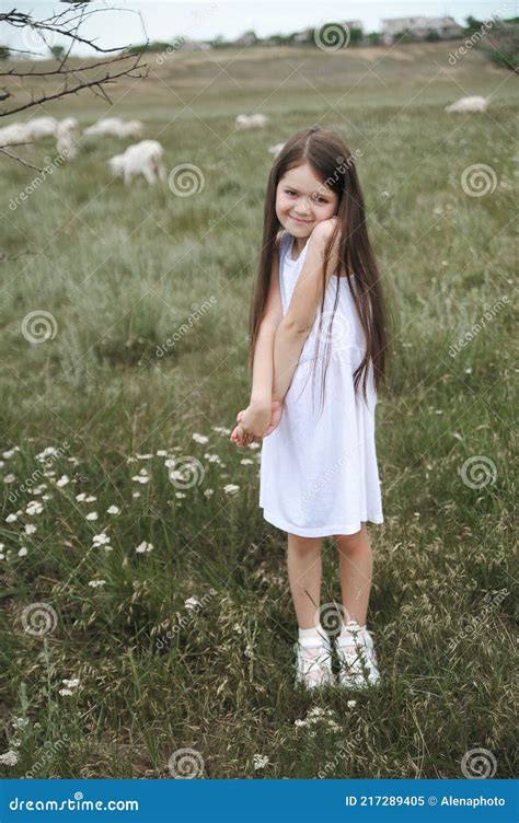 Cute Girl In White Dress Posing In The Meadow Stock Image Image Of