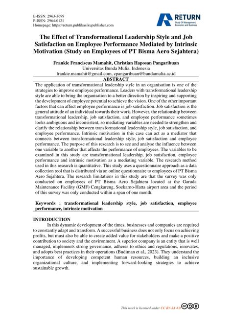 Pdf The Effect Of Transformational Leadership Style And Job Satisfaction On Employee