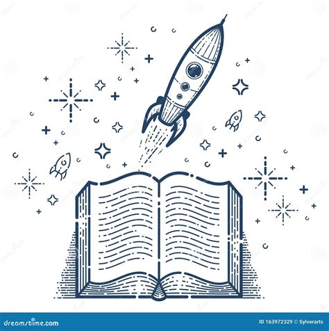 Open Book With Launching Rocket Vector Linear Icon Missile Start Up