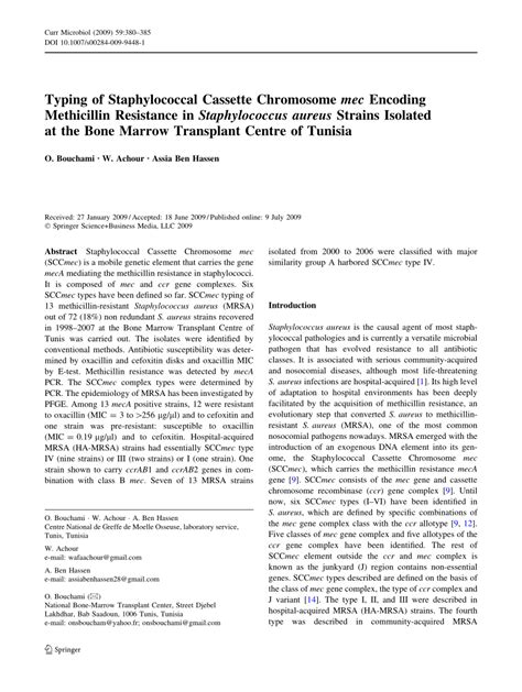 Pdf Typing Of Staphylococcal Cassette Chromosome Mec Encoding Methicillin Resistance In