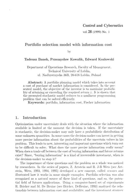 Pdf Portfolio Selection Model With Information Cost