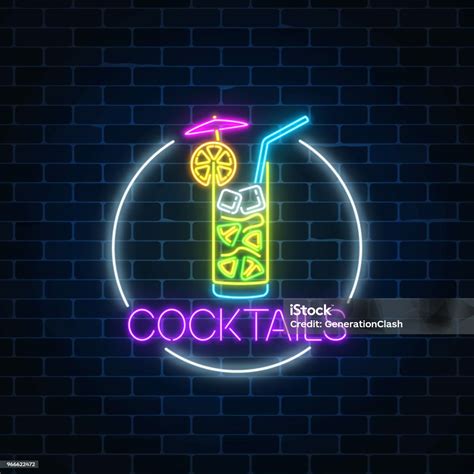 네온 칵테일 유리 원형 프레임에 로그인 합니다 알코올 악수와 함께 유리의 빛나는 상징 마시는 매점 배너 0명에 대한 스톡 벡터 아트 및 기타 이미지 Istock