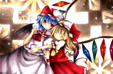 2girls Blondehair Bluehair Dress Flandrescarlet Hat Redeyes Remilia