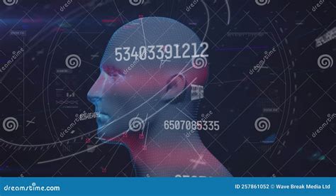 Image Of Numbers Changing Over Human Head Spinning And Scope Scanning