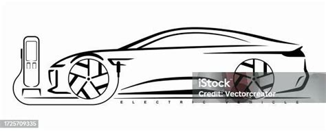 흰색 배경에 분리된 전기 자동차 실루엣 충전소에서 충전하는 전기차의 측면도 라인 아트 디자인 템플릿입니다 벡터 그림입니다 개념에 대한 스톡 벡터 아트 및 기타 이미지