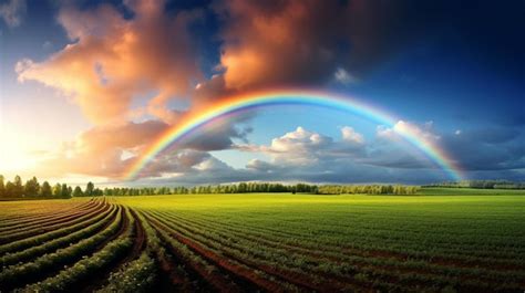 Premium Ai Image Rainbow Over A Field With Trees And Clouds