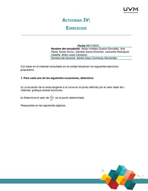 A Ejercicios ACTIVIDAD IV EJERCICIOS Fecha Nombre Del Estudiante Alison Andrea