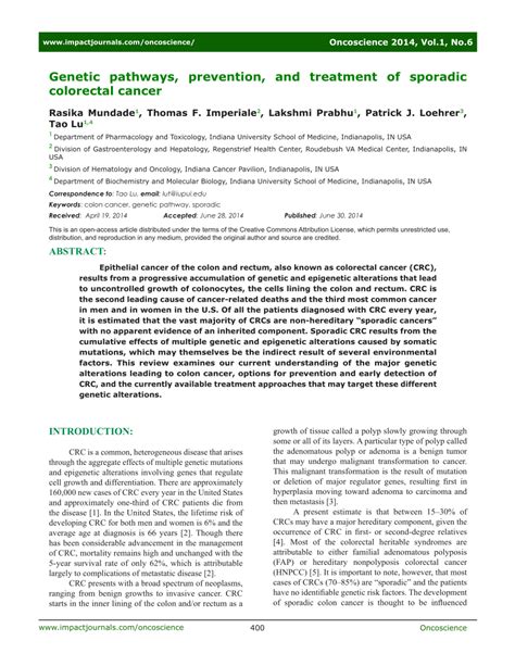 Pdf Genetic Pathways Prevention And Treatment Of Sporadic