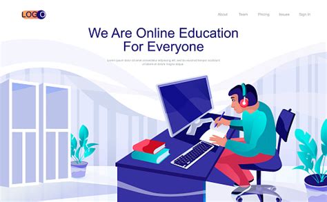 온라인 교육 개념 등소 방문 페이지 학생은 비디오 레슨 집에서 원격 학습 사람들 장면이있는 3d 웹 배너를 시청합니다 웹 사이트 템플릿을 위한 플랫 디자인의 벡터