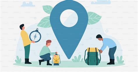 Gps 네비게이션 여행 모험과 작은 사람들을위한 검색 위치 만화 캐릭터는 배낭 나침반 거대한 지도 핀 플랫 벡터