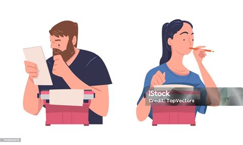 복고풍 타자기에 타이핑하는 작가 세트 저널리스트 카피라이터 소설가 또는 빈티지 타자기 만화 벡터 일러스트레이션을 사용하는 작가 기계류에 대한 스톡 벡터 아트 및 기타 이미지