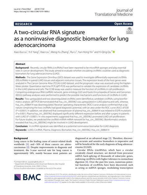 Pdf A Two Circular Rna Signature As A Noninvasive Diagnostic Biomarker For Lung Adenocarcinoma