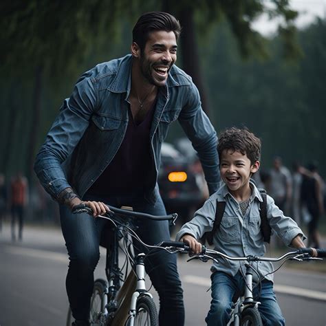 Pai Ensinando Seu Filho A Andar De Bicicleta Foto Premium