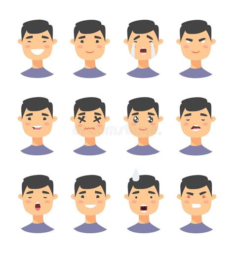 套男性emoji字符 动画片样式情感象 用不同的表情的被隔绝的男孩具体化 平的illustrat 库存例证 插画 包括有 汉语 韩文