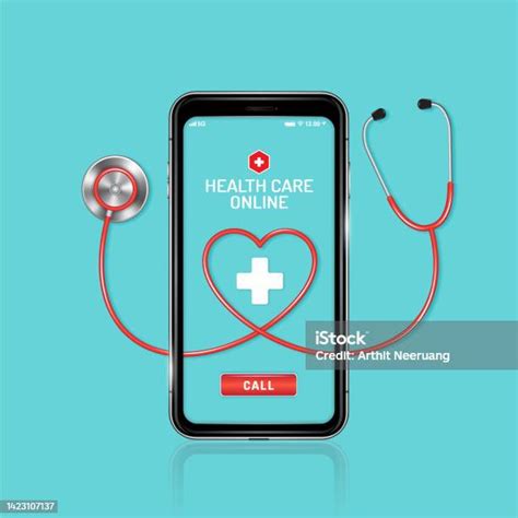 건강 관리 및 의료 개념 청진기는 건강 관리 상담 벡터 일러스트 레이 션을위한 응용 프로그램에 스마트 폰으로 온라인으로 심장과 건강 기호를 형성 간호사에 대한 스톡 벡터