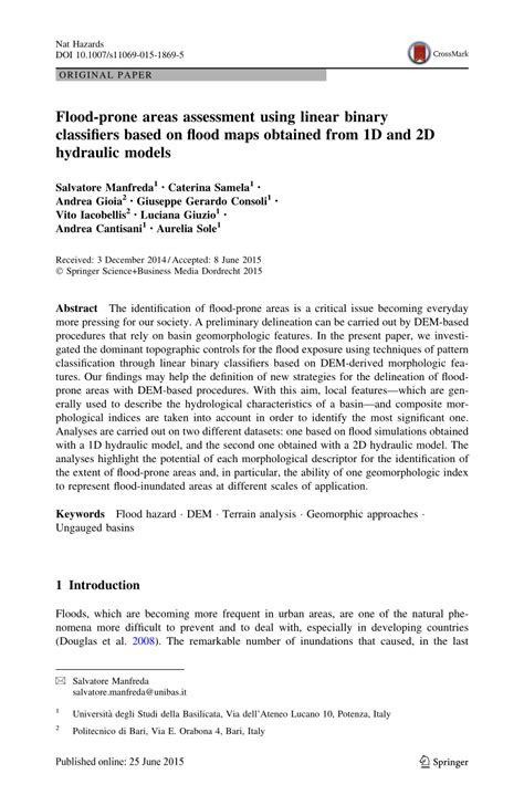 Pdf Flood Prone Areas Assessment Using Linear Binary Classifiers