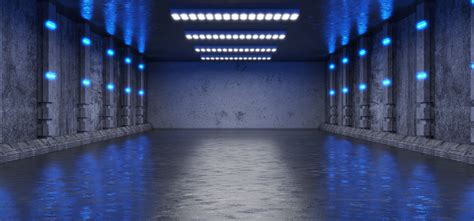 미래 지향적 인 복도 전시실 금속 Led 조명 투광 조명 미래 지향적인 배경 터널 기술 배경 격납고 차고 3d 렌더링 옷걸이에