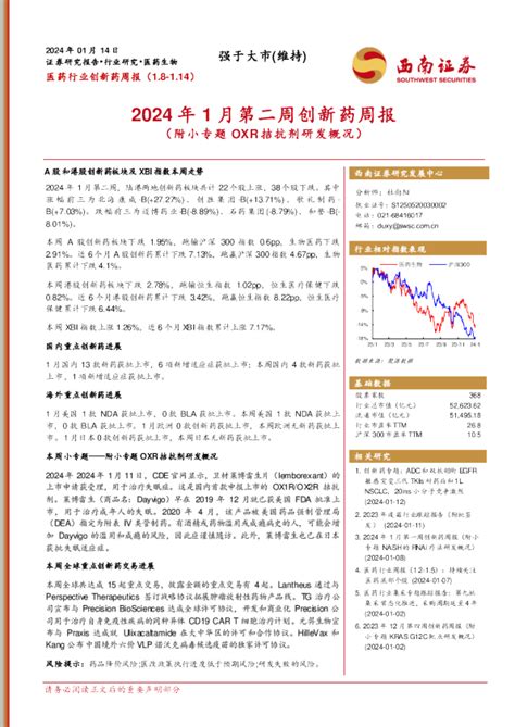 22024年1月第二周创新药周报（附小专题oxr抗剂研发概况）