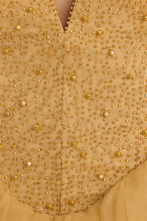 Olympia Plunge Neck Tulle Mini Dress In Gold Oh Polly