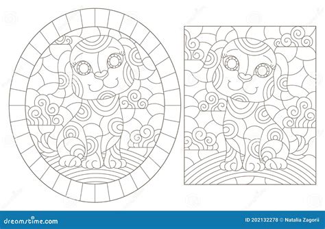 Conjunto De Contornos Con Ilustraciones En El Estilo De Vidrio Manchado Con Perros Abstractos