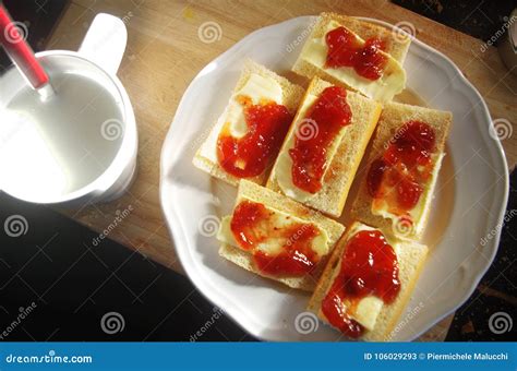 Healthy Breakfast Bread Butter And Jam Stock Image Image Of Black Dinner