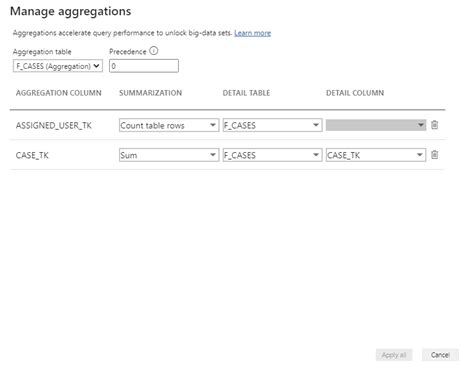 manage aggregations count table rows is 100 bro microsoft