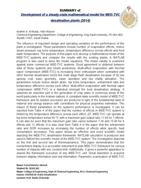 Summary Of Development Of A Steady State Mathematical Model For Mee Tvc Pdf Desalination