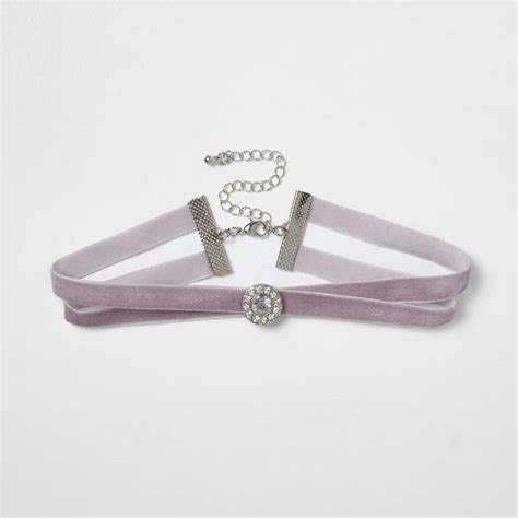 River Island Light Purple Velvet Rhinestone Circle Choker