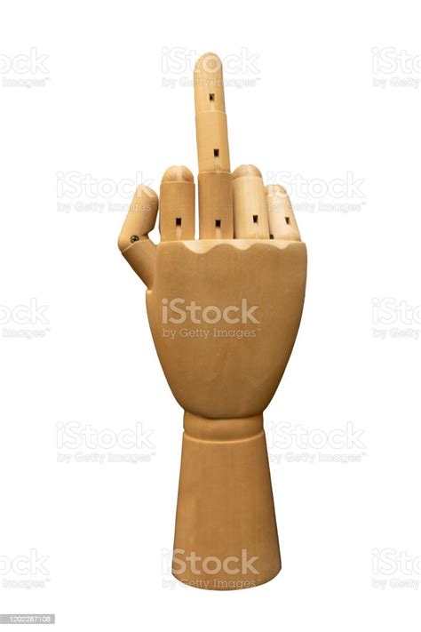 흰색 배경에 고립 된 가운데 손가락을 보여주는 금 나무 손 모델 개념에 대한 스톡 사진 및 기타 이미지 개념 개념과 주제