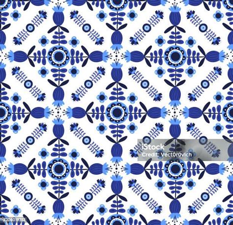 꽃 기하학적 다이아몬드 타일 파란색과 흰색 완벽 한 패턴 벡터 일러스트 레이 션 반복 디자인 가정 주방에 대한 스톡 벡터 아트 및 기타 이미지 Istock