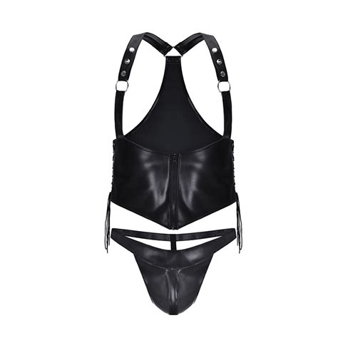 Mens Sexy Wet Look Pvc Leather Harness And Thong Bdsm Clothing Bondage