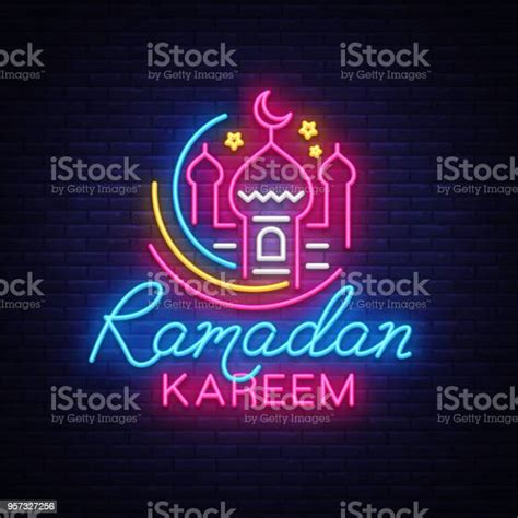 라마단 카림 네온 사인 벡터 색깔된 크 레와 모스크 이슬람 배너 배경 디자인 네온 상징 현대 동향 디자인 이슬람 휴일 벡터
