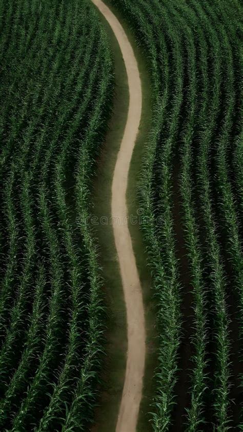 Aerial View Winding Path Through Expansive Corn Field Stock