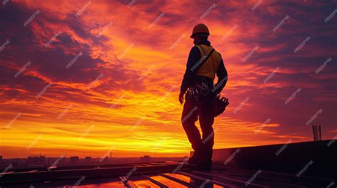 Construction Worker Silhouette Against A Fiery Sunset Sky Premium Ai
