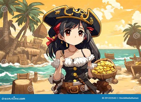 Anime Pirata Girl Exhibe Orgullosamente El Tesoro De La Moneda De Oro