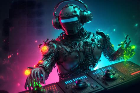 Robot Disc Jockey At The Dj Mixer And Turntable Plays Nightclub During