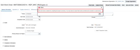 Error Assign Assets For Repair To A Maintenance Work Order And Return