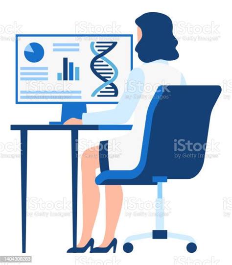 과학자 캐릭터 책상 뒤편에 앉아 컴퓨터 Dna 및 화면의 그래픽 작업 약국 연구 및 탐사 생물학 또는 화학 과학 벡터 일러스트