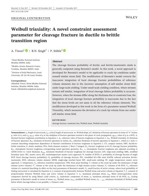 Pdf Weibull Triaxiality A Novel Constraint Assessment Parameter For Cleavage Fracture In