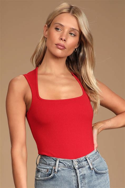 Red Ribbed Bodysuit Square Neck Bodysuit Sleeveless Bodysuit Lulus