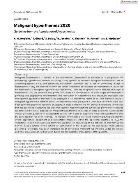 Anaesthesia 2021 Hopkins Malignant Hyperthermia 2020 Guidelines