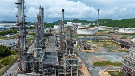 石油精製所 ガス 化学機器 予測 輸入 輸出 コンセプト 原油精製所 プラント スチール ポンプ パイプラインと煙突と冷却塔 化学または石油