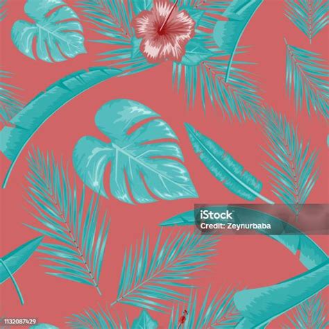 이국적인 추상적인 벡터 정글 또는 열 대 잎과 꽃 완벽 한 패턴입니다 벡터 일러스트입니다 푸른 잎과 빨간색 배경입니다 종려나무 잎에 대한 스톡 벡터 아트 및 기타 이미지
