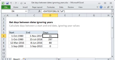 Get Days Between Dates Ignoring Years Excel Formula Exceljet