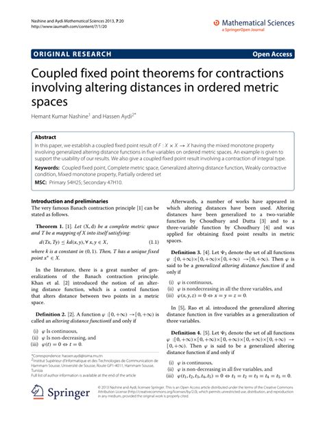 Pdf Coupled Fixed Point Theorems For Contractions Involving Altering Distances In Ordered
