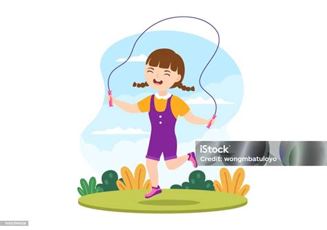 실내 피트니스 스포츠 활동에서 운동복을 건너 뛰는 아이들과 함께 줄넘기 그림 플랫 만화 손으로 그린 템플릿 아이에 대한 스톡 벡터 아트 및 기타 이미지 Istock